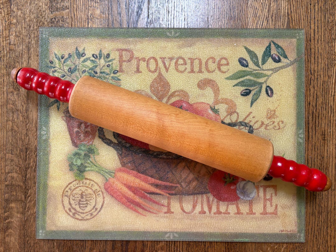 Vintage Wood Rolling Pin Red Spindle Painted Handles | Large 17" X 8 ...