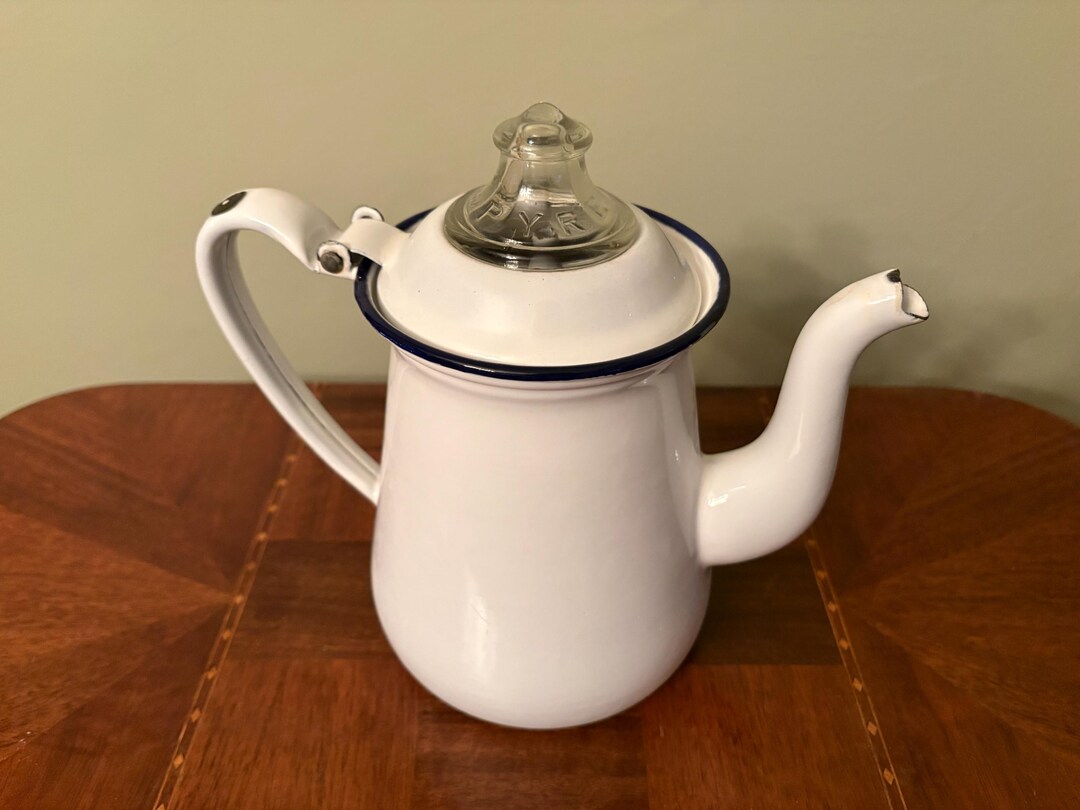 1930s PYREX Coffee Pot White Enamelware Gooseneck Coffee Tea Pot Glass ...