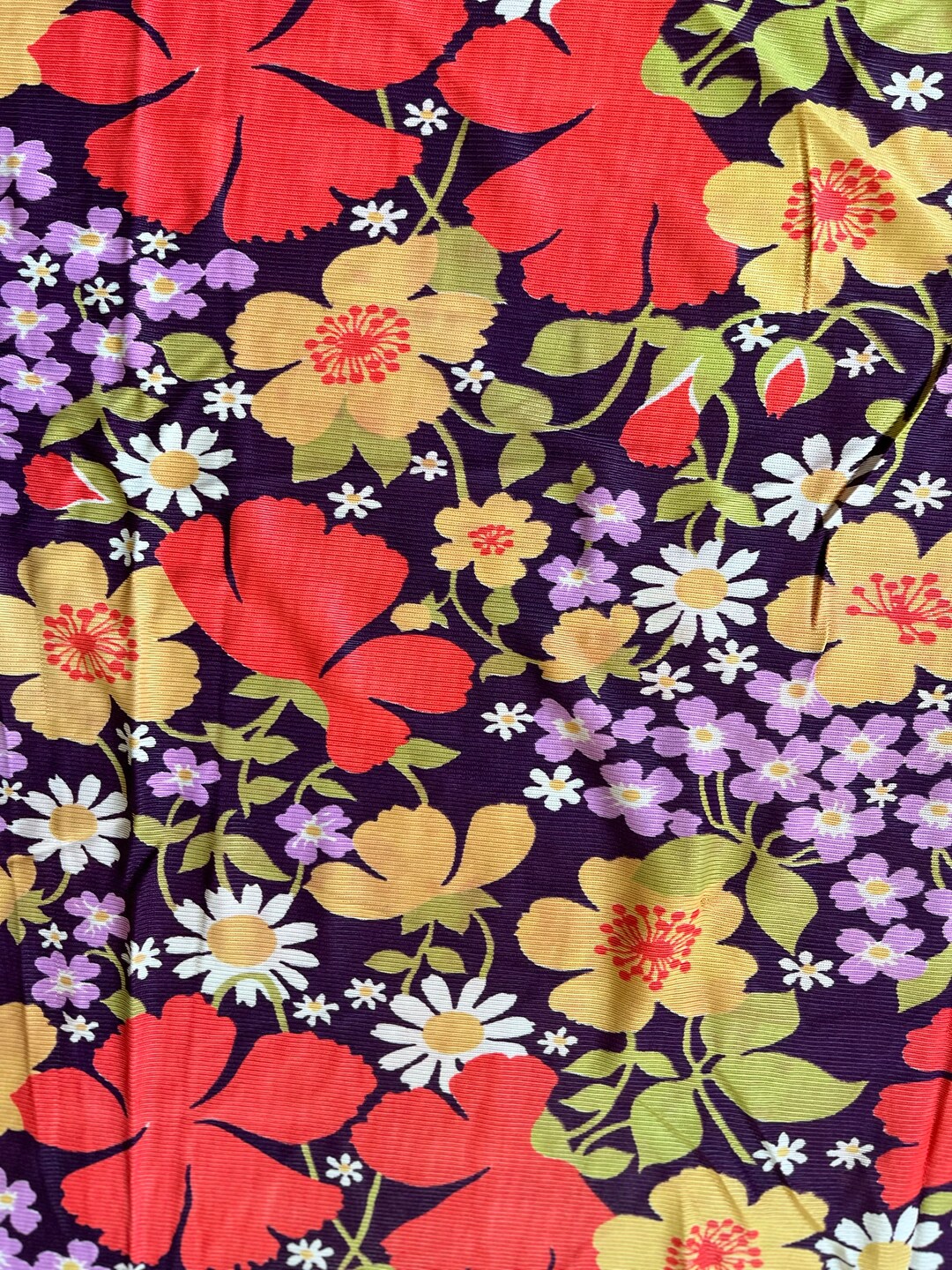 1970s Screen Print Floral Flower Power Fabric Material | Purple ...