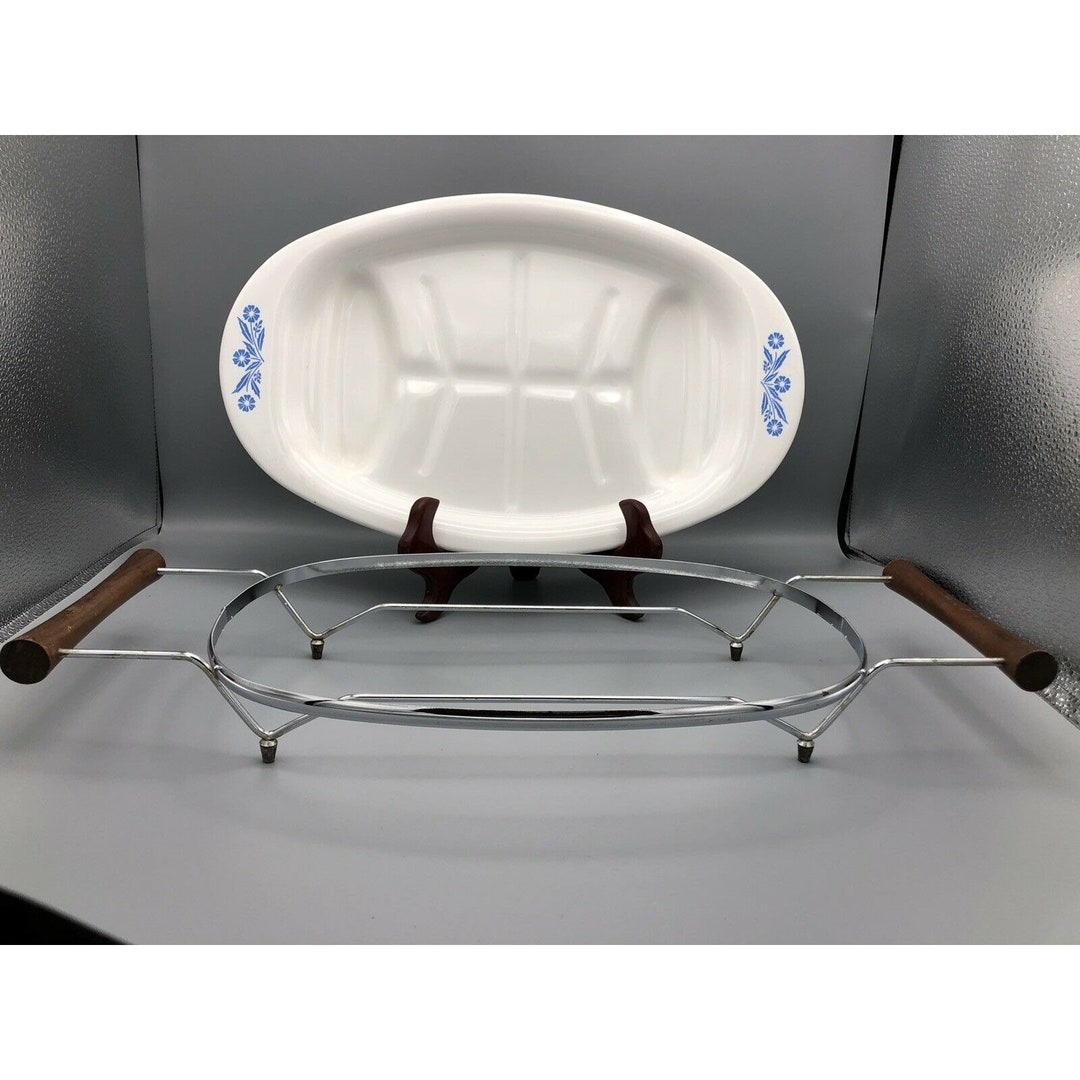Vintage Corning Ware Oval Roast Platter W/ Cradle Holder Metal Wood ...