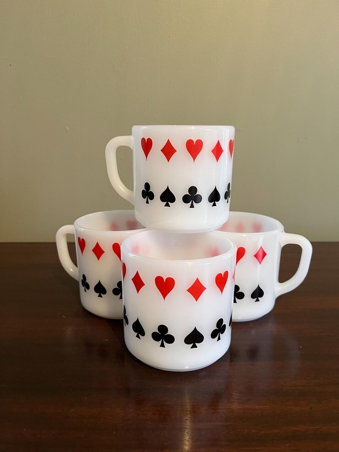 Set of 4 Milk Glass Federal Coffee Mugs Stackable Poker, Bridge, Card ...
