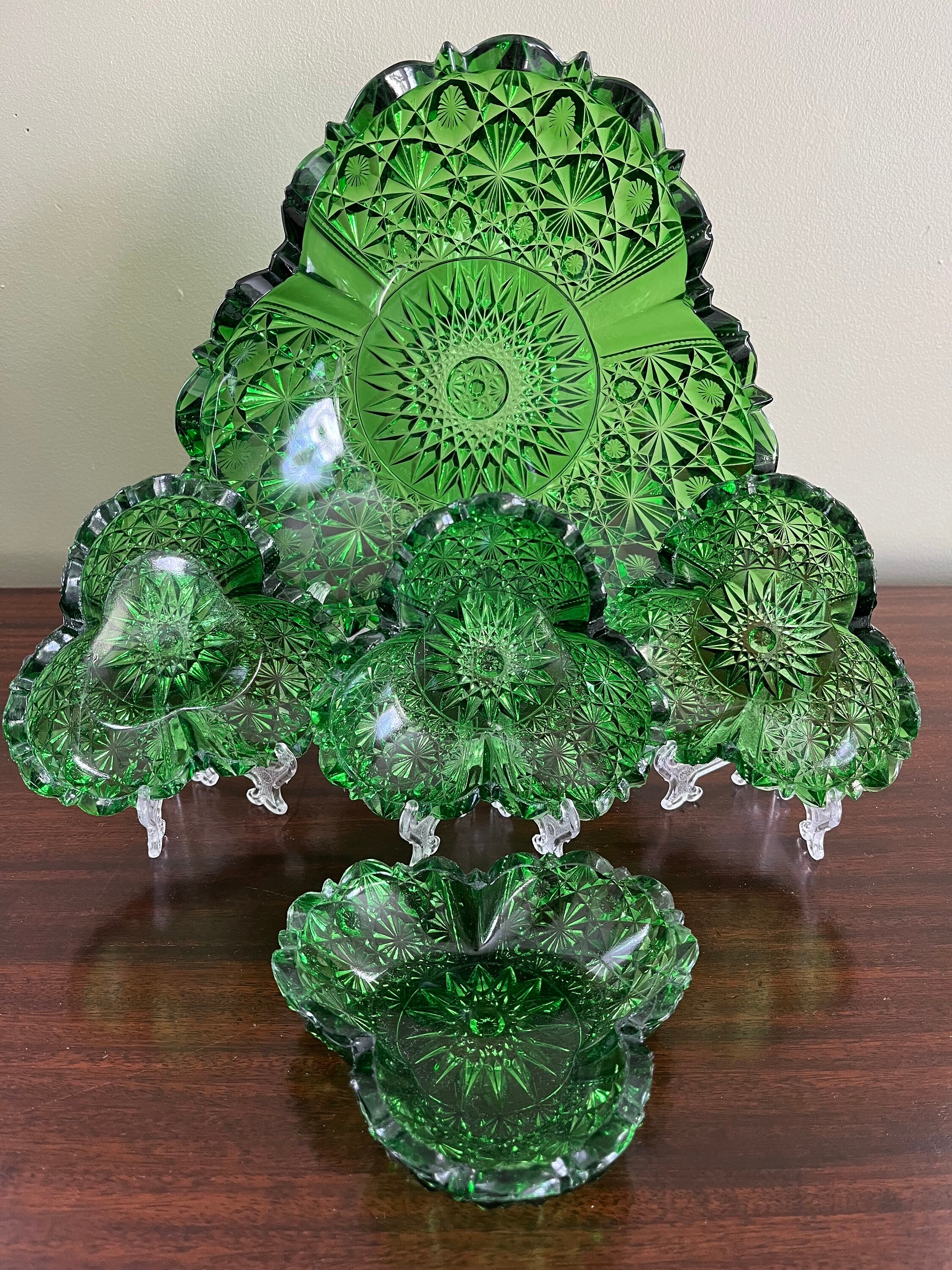 EAPG Richards & Hartley Emerald Green Glass Clover Dish Daisy Button 5 Pieces - Etsy