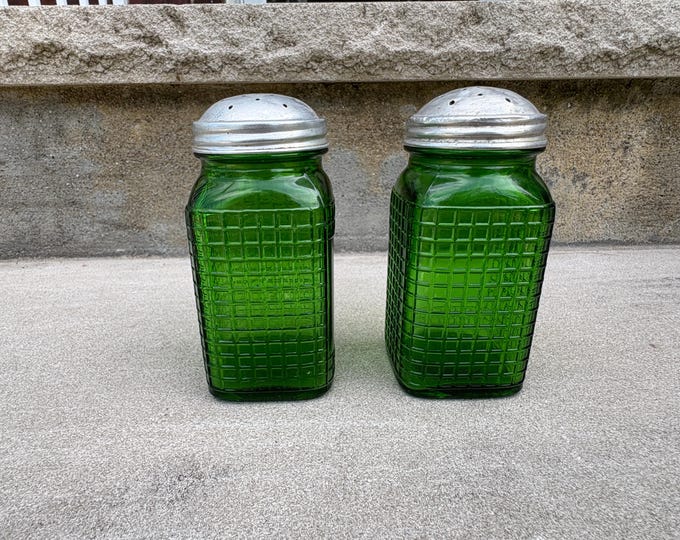 1930s Depression Glass | Green Glass Salt & Pepper Shakers | Brand ...