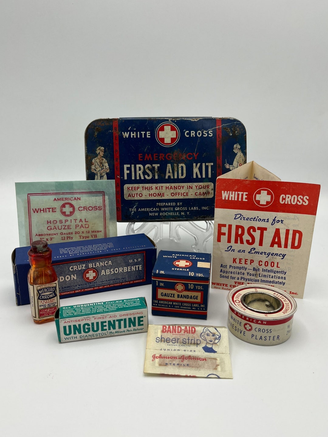 Vtg American White Cross First Aid Kit Tin, W/ Bottle of Mercurochrome ...