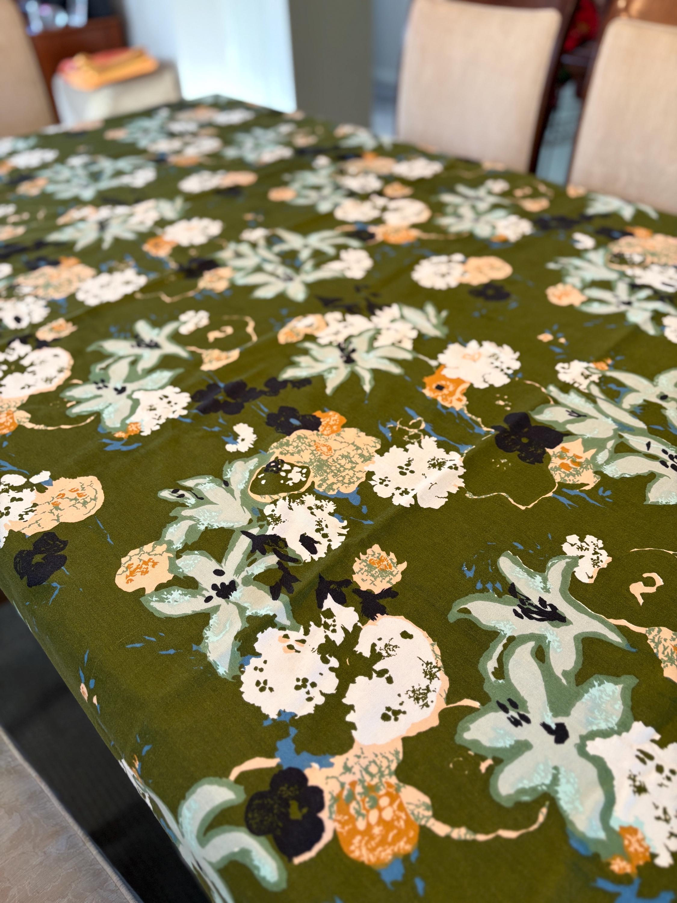 Vintage 1980s Avocado Green Flowers Tablecloth 90 X 51 Indoor Outdoor ...