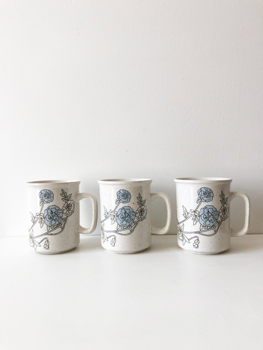 Buy Vintage Floral Mug Set Eighties Blue Flower Mugs Modernist ...