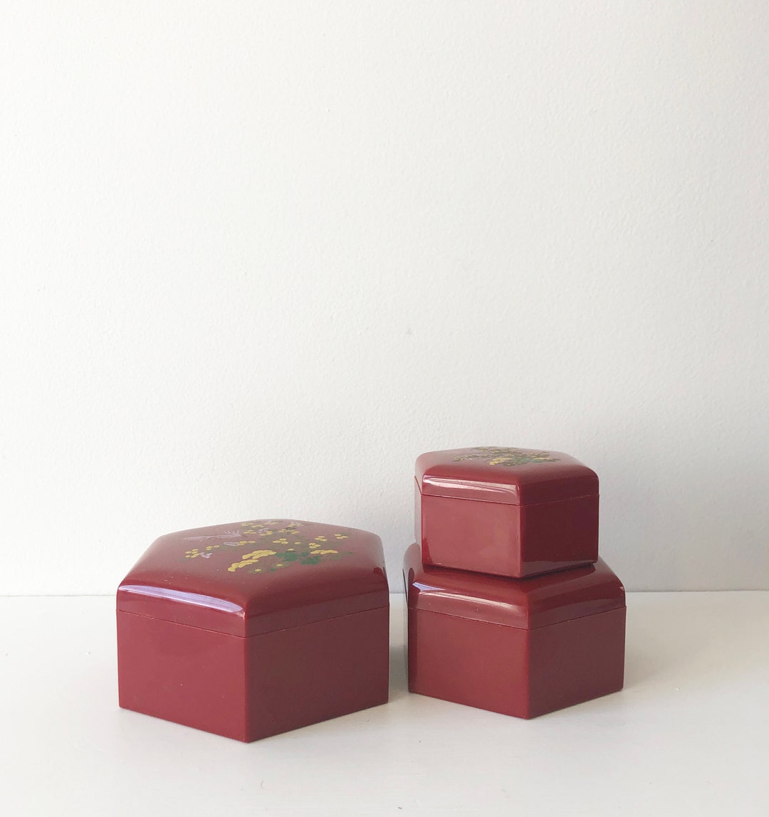Vintage Decorative Stacking Boxes Red Stackable Jewelry Box Set Floral ...