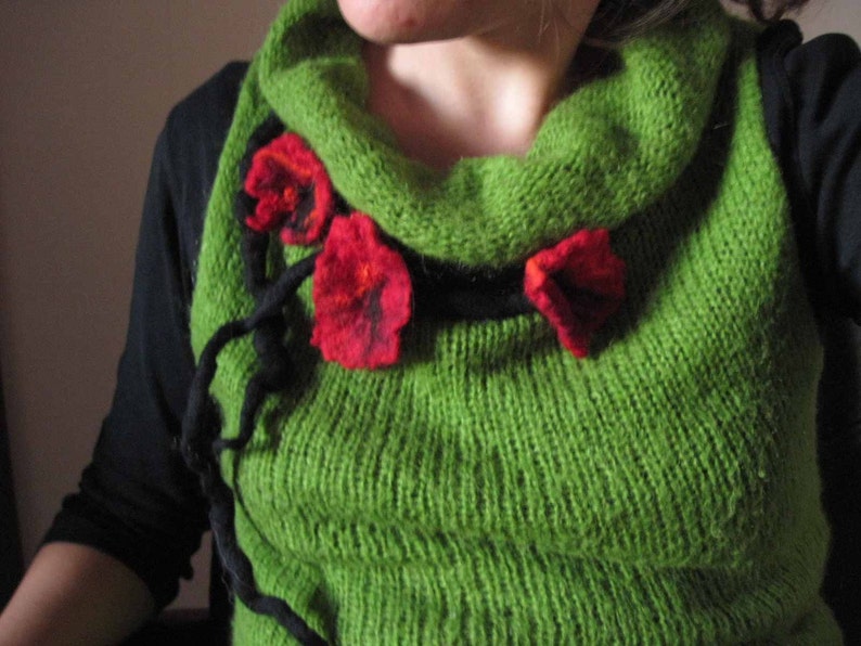 Felt Flower Necklace Red Black Poppy Floral Headband Scarlet Felted ...