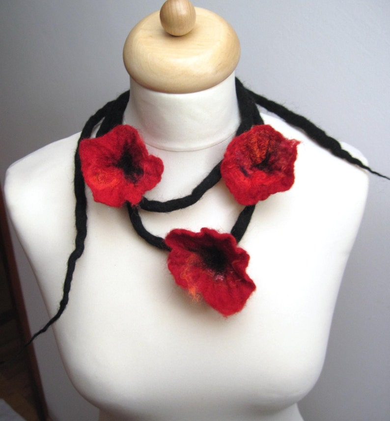 Felt Flower Necklace Red Black Poppy Floral Headband Scarlet Felted ...