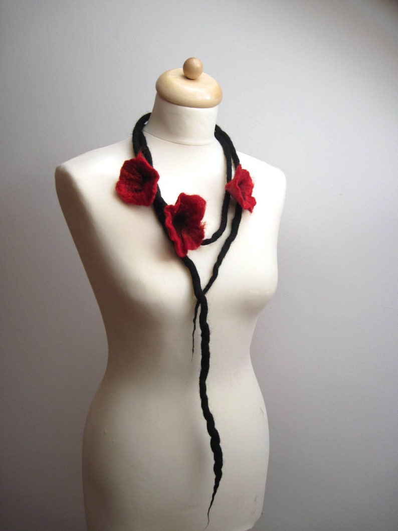 Felt Flower Necklace Red Black Poppy Floral Headband Scarlet Felted ...