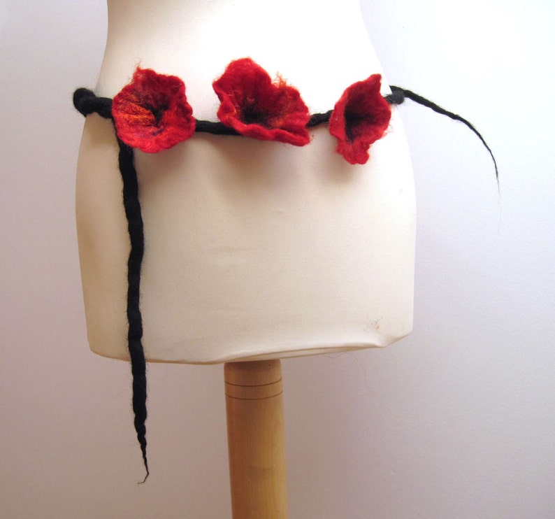 Felt Flower Necklace Red Black Poppy Floral Headband Scarlet Felted ...