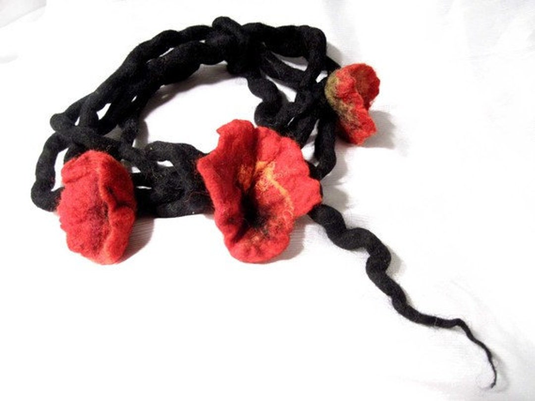 Felt Flower Necklace Red Black Poppy Floral Headband Scarlet Felted ...