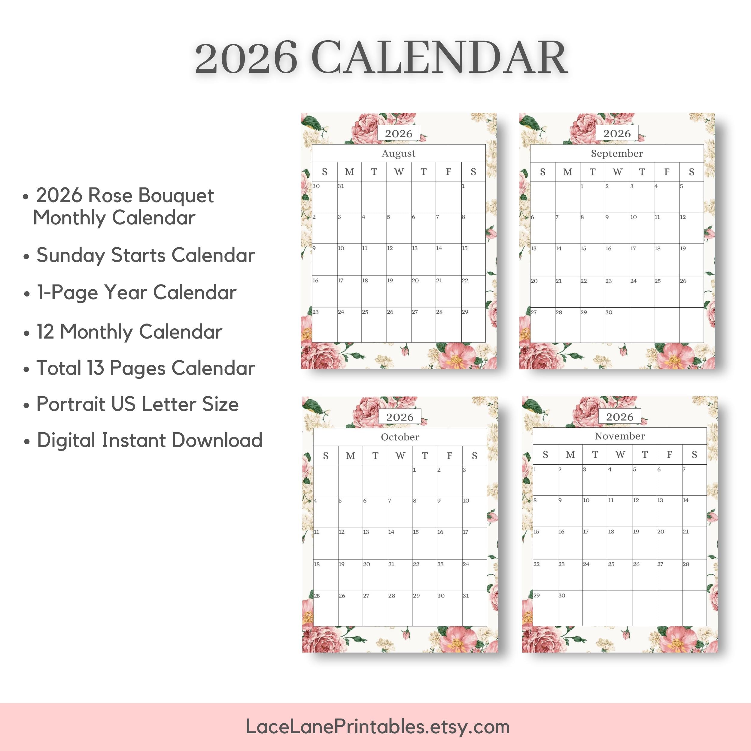 2026 Rose Bouquet Calendar: Minimalist Printable Monthly Planner (US ...