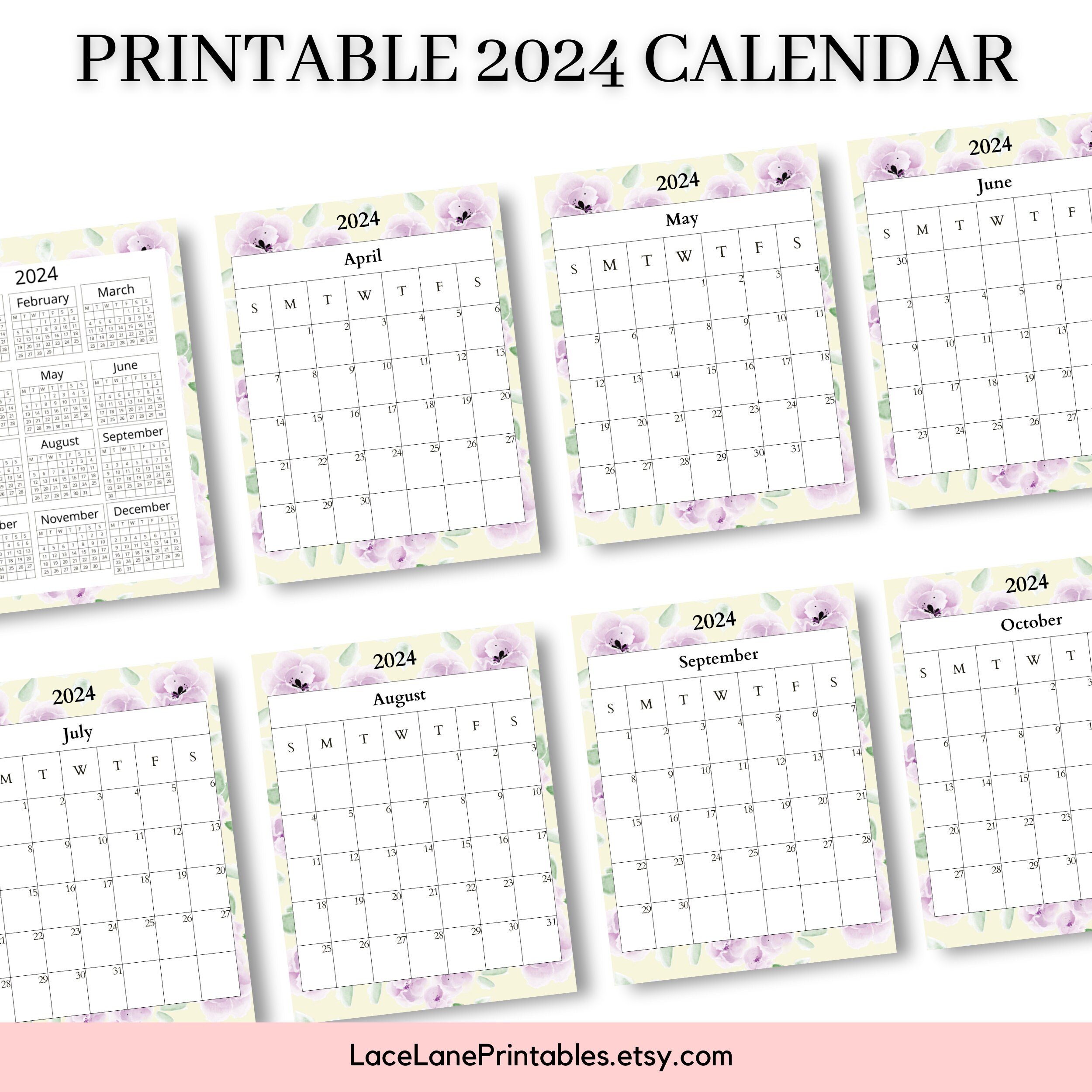 Monthly Calendar 2024 Watercolor Purple Pansies on Yellow Background ...
