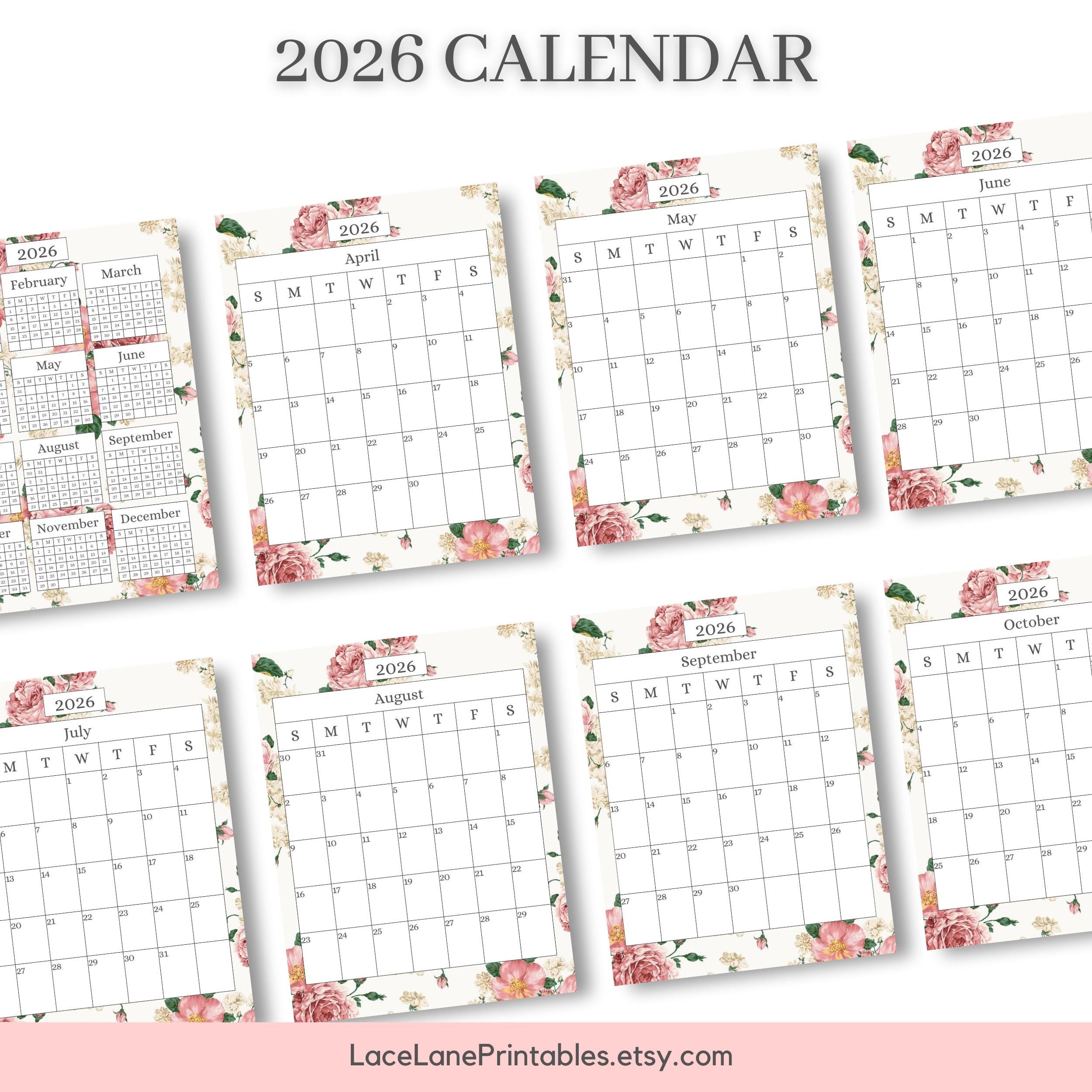 2026 Rose Bouquet Calendar: Minimalist Printable Monthly Planner (US ...