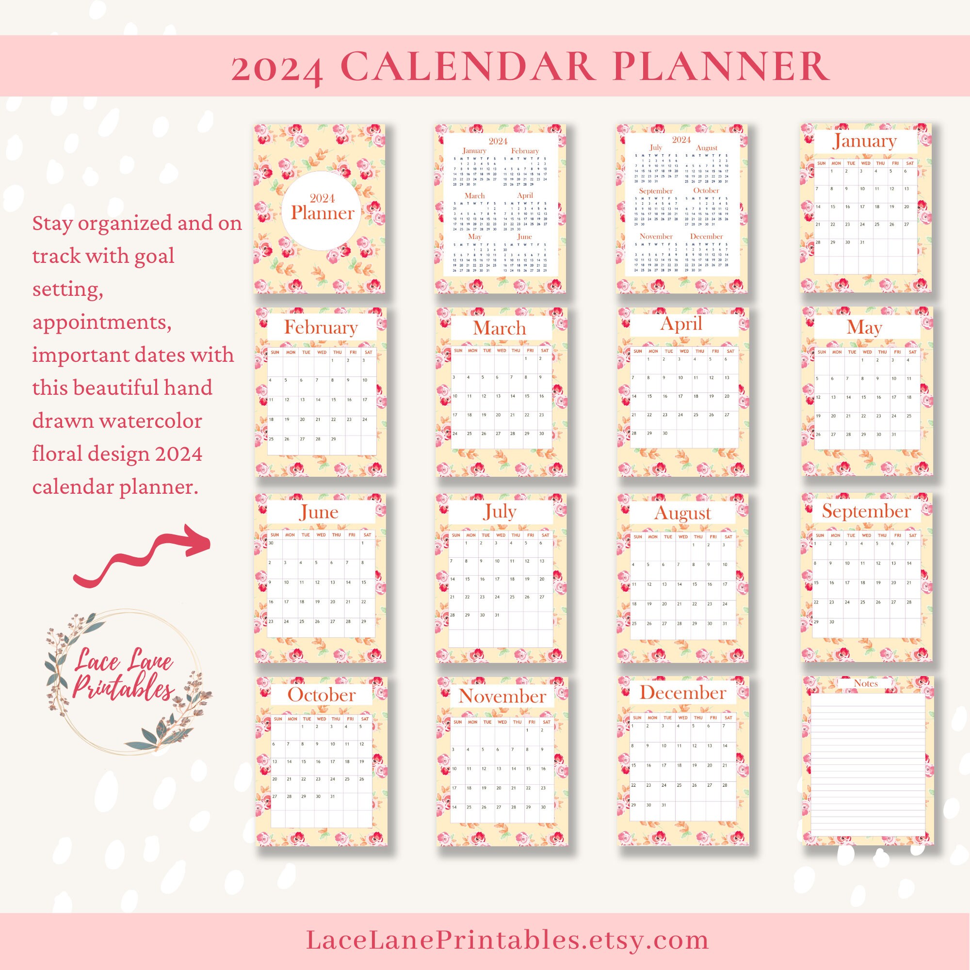 Watercolor Florals Calendar Planner Plan Ahead With a Beautiful 2024 ...
