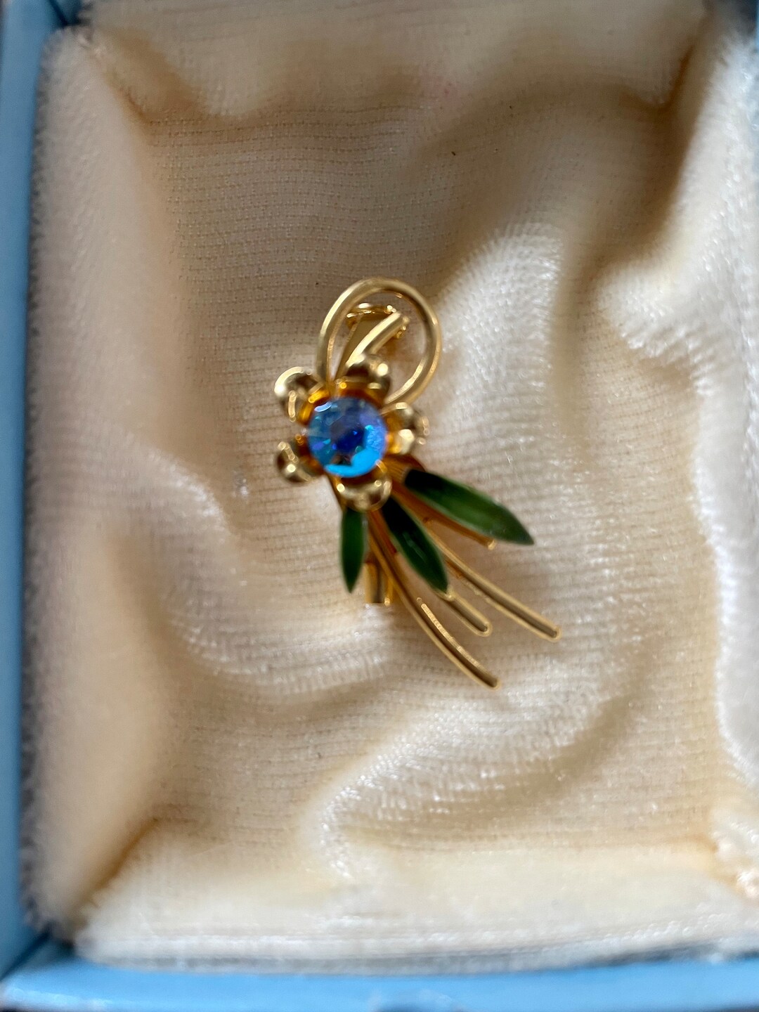 Vintage Blue Rhinestone Flower Brooch | Gold Tone Enamel Floral Pin - Etsy