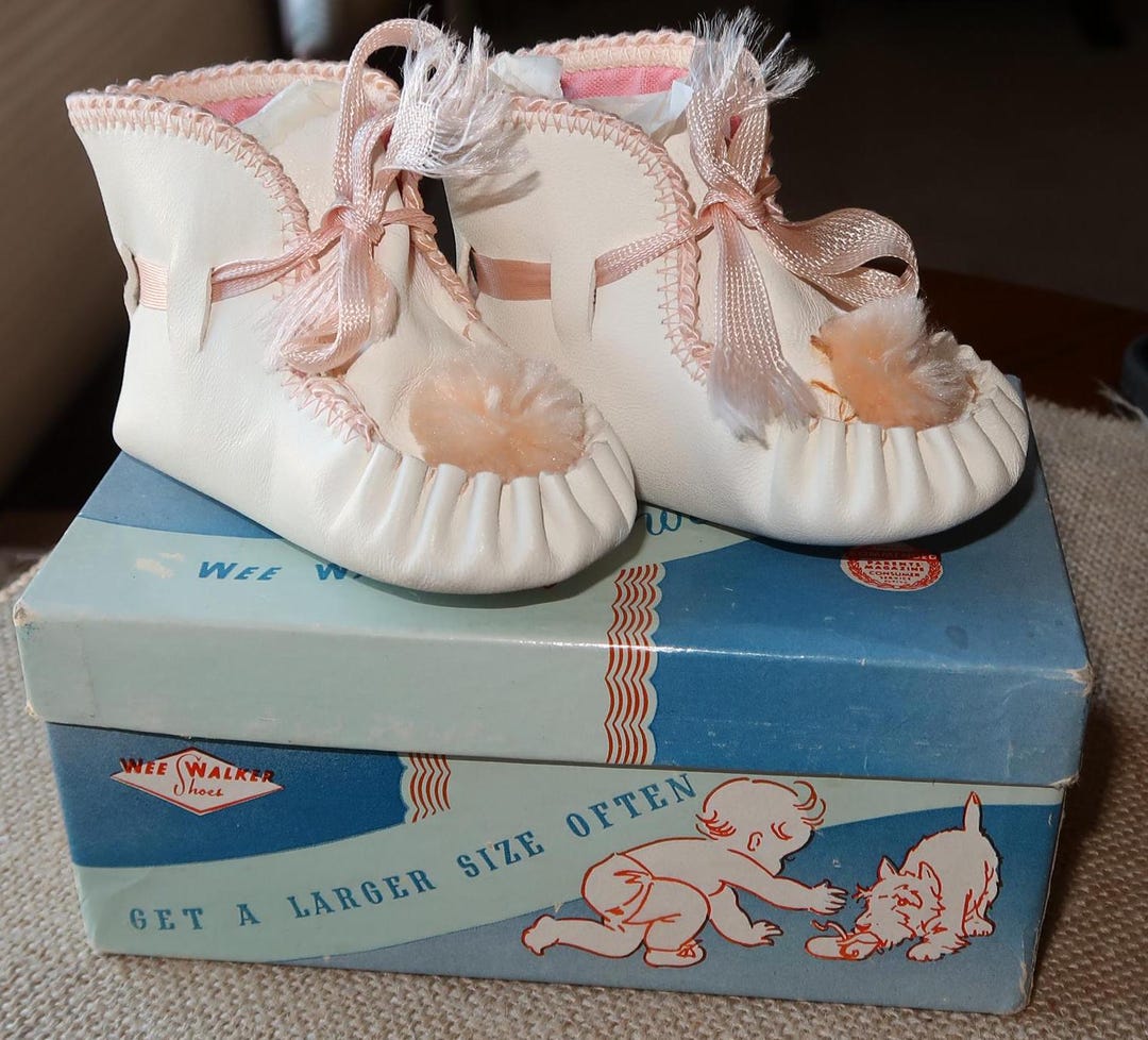 1950s Wee Walker White and Pink Leather Booties in the Original Box ...