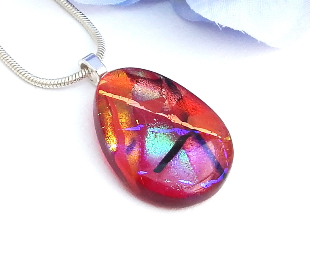 Mixed Red Green and Orange Dichroic Jewel Colours Tear Drop Glass ...