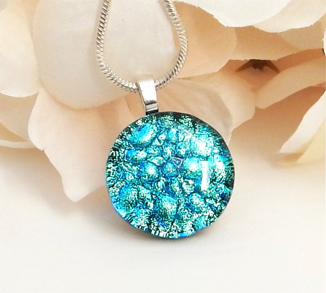 Round Blue and Silver Dimple Effect Dichroic Glass Pendant, Art Glass ...