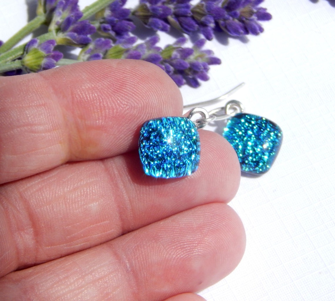 Square Drop Earrings Turquoise Blue Dichroic Glass Dangle - Etsy
