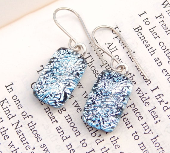Buy Silver Dichroic Glass Drop Earrings With A Hint of Blue on 925 Sterling Silver Earwires Fused Glass Jewellery Silver Art Glass Dangles Online in India Etsy