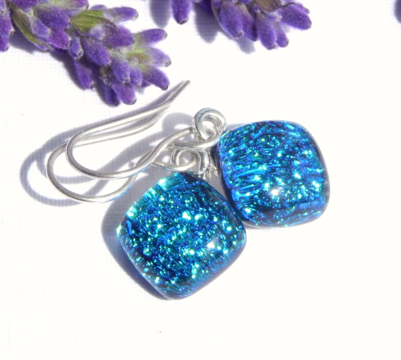 Square Drop Earrings Turquoise Blue Dichroic Glass Dangle - Etsy