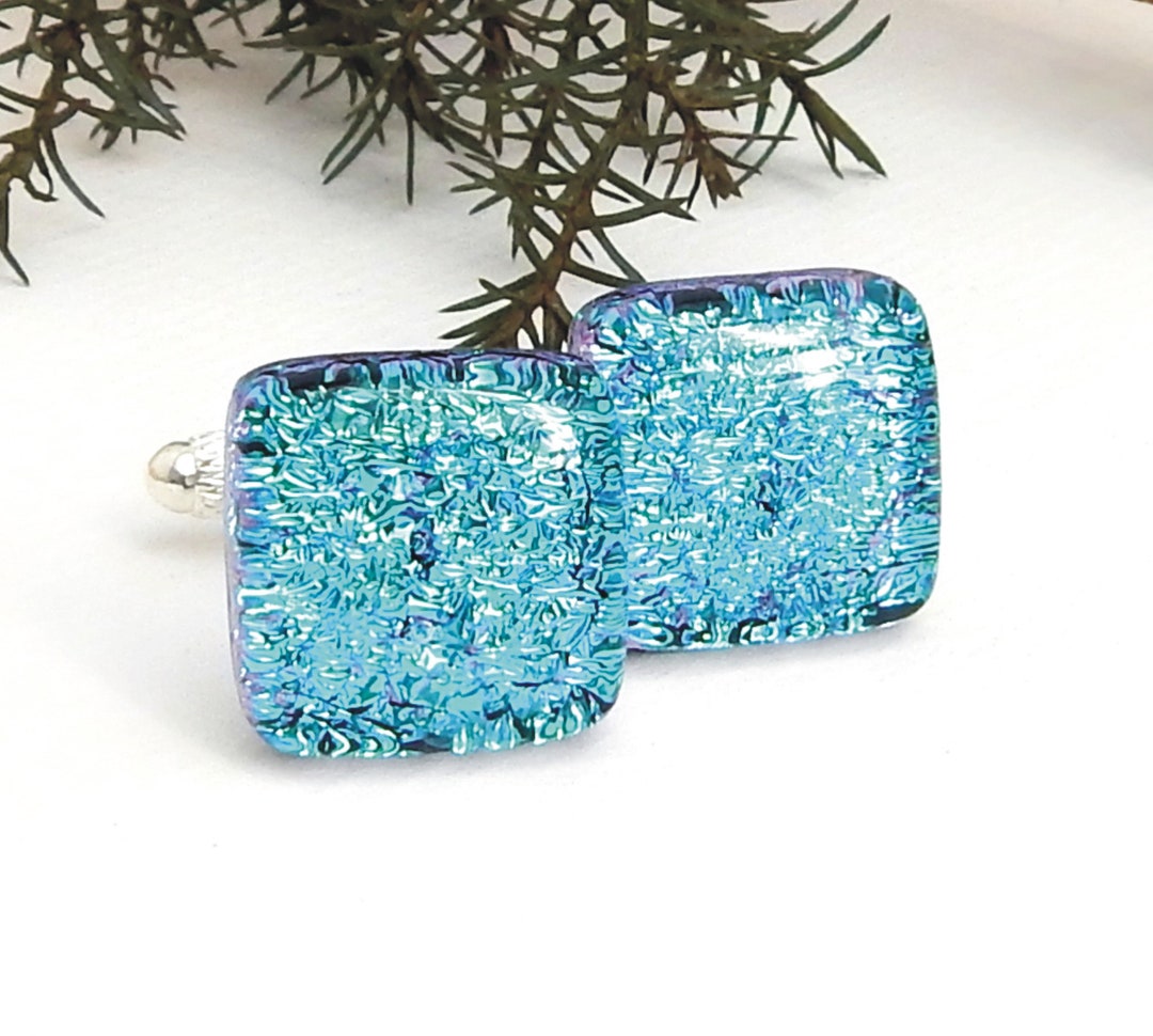 Intense Sky Blue Dichroic Glass Cufflinks, Fused Glass Mens Jewellery ...