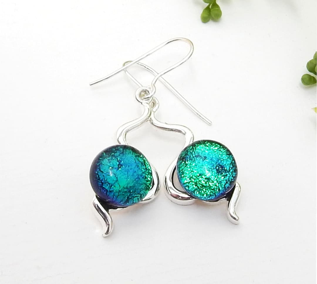 Intense Teal Green Fused Glass Squiggle Design Drop Earrings, Green Art ...