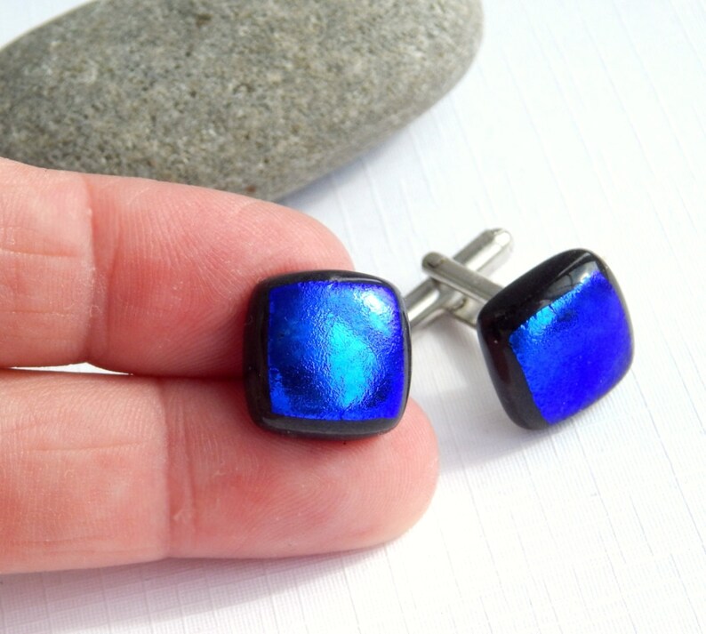 Square Blue Cuff Links Cobalt Blue Dichroic Glass Cufflinks - Etsy
