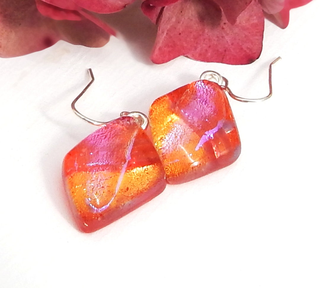 Copper Pink and Russet Dichroic Glass Drop Earrings on 925 - Etsy UK