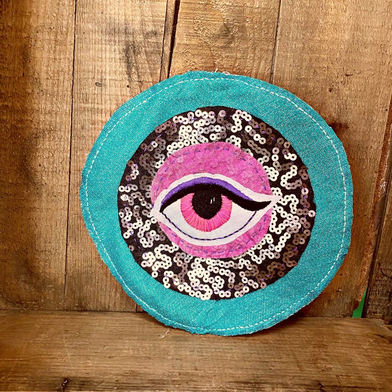 ROUND ALL SEEING Eye Patch. Glitzy, Sequin, Good Luck, Sew On, Evil Eye ...