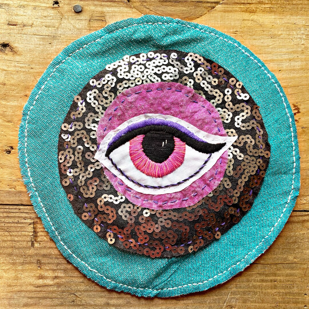 ROUND ALL SEEING Eye Patch. Glitzy, Sequin, Good Luck, Sew On, Evil Eye ...