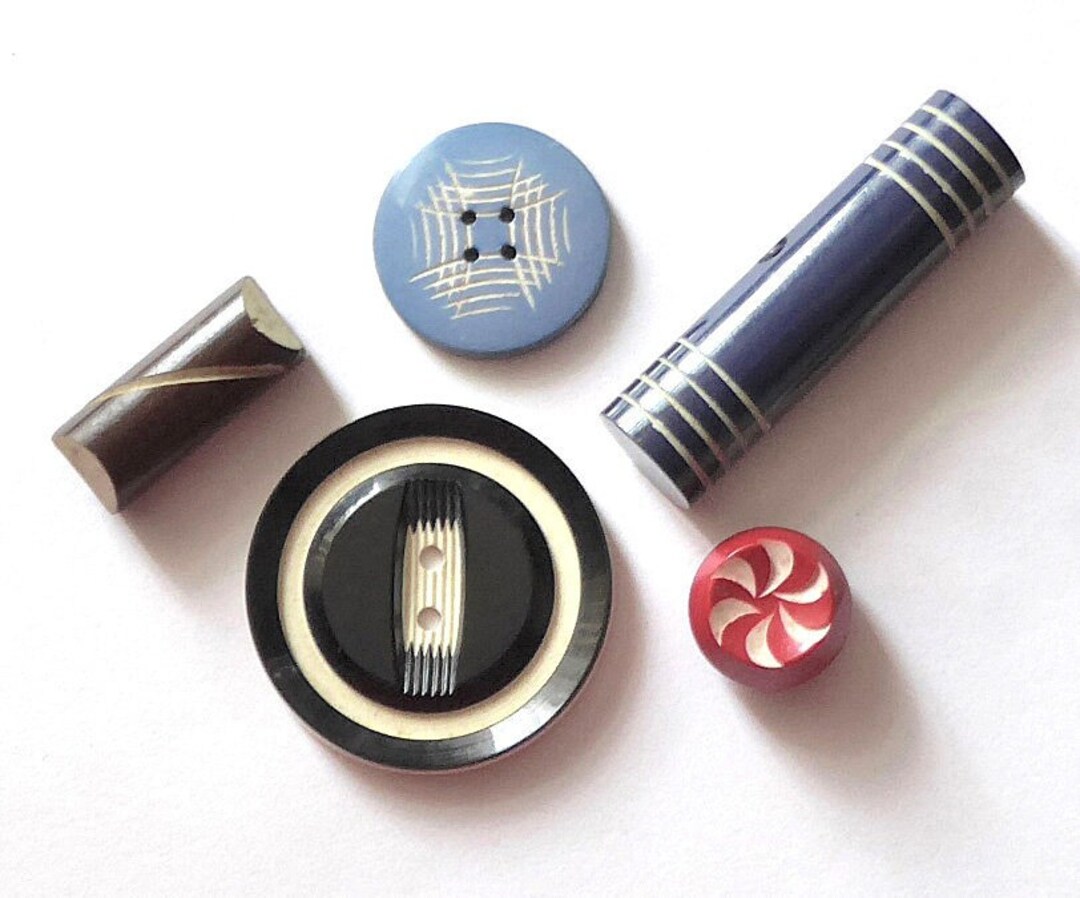 Casein Buttons, 5 Different, Art Deco, Vintage. Round, Oblong & Tubular ...