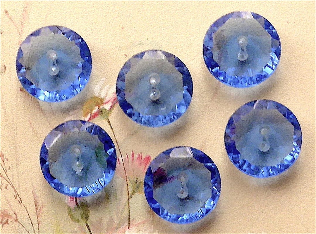 Blue Glass Buttons, a Set of 6, Vintage. Circular, Faceted Rims, 2 Hole ...