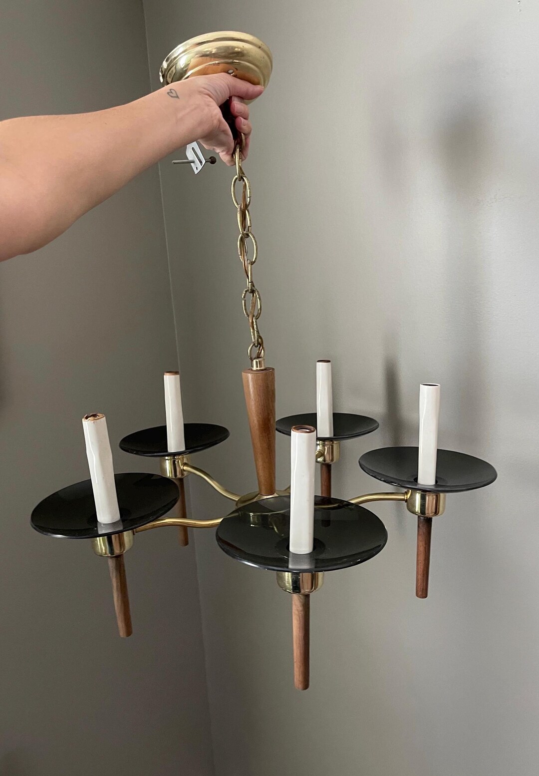 Vintage 50s 60s Midcentury Teak Wood Smoke Glass & Brass Hanging Light ...