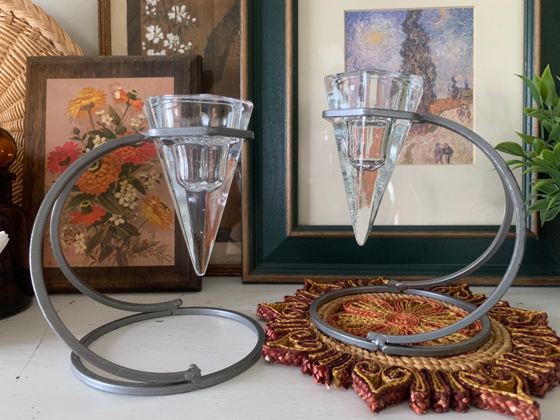 Pair of Vintage Glass Pointed Votive Candle Holders with Metal | Etsy