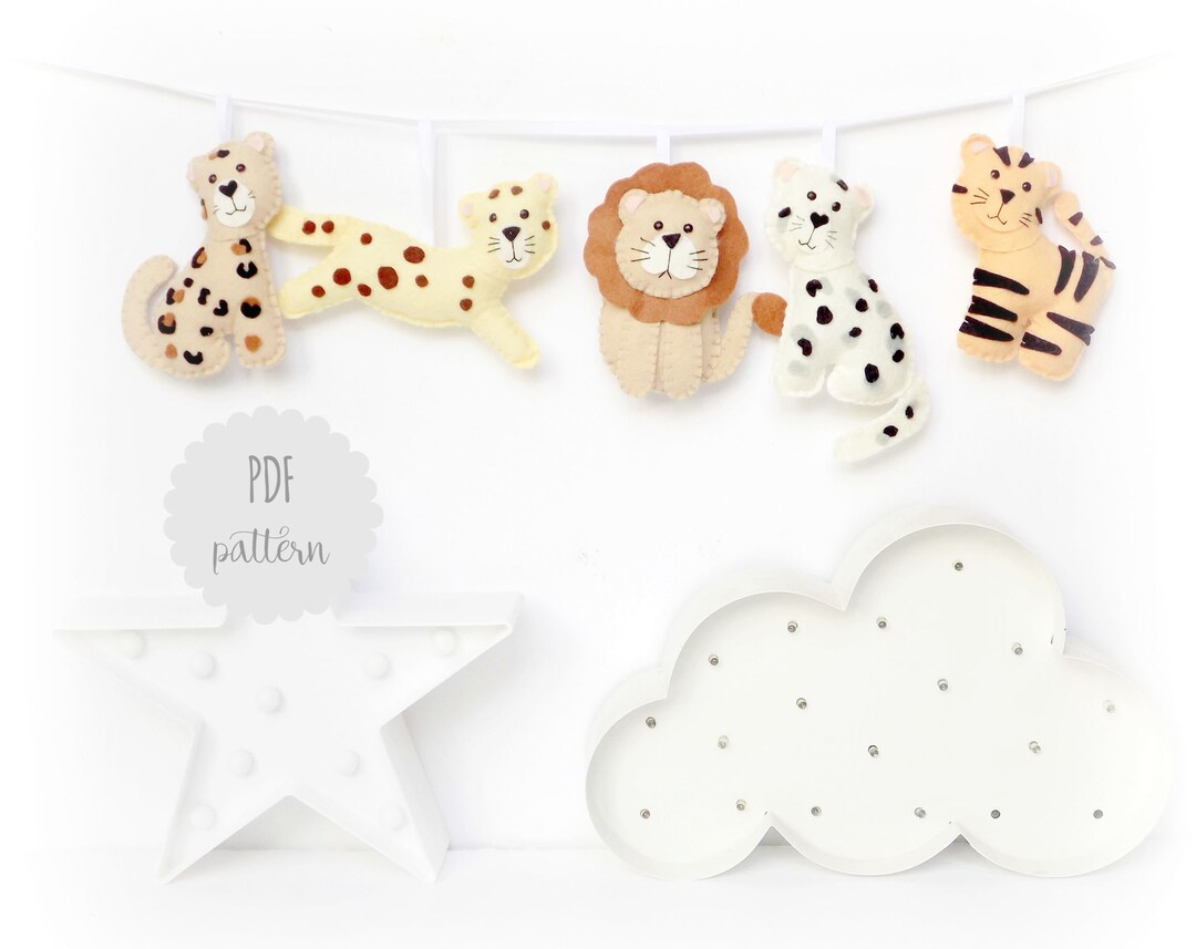 PDF Pattern to Sew a Big Cats Animal Nursery Garland. Felt Garland. Cat ...