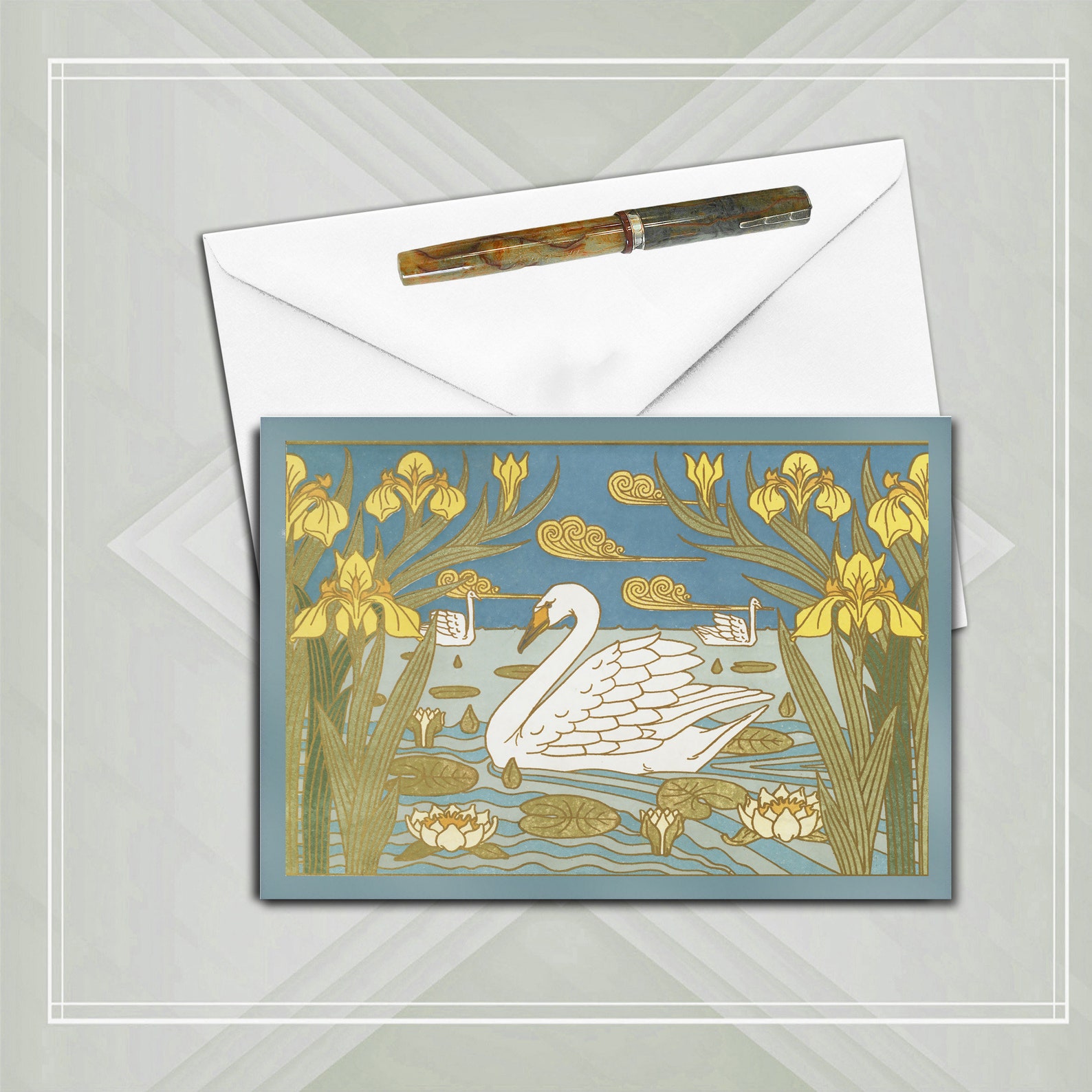 Swan Printable Greeting Card Art Nouveau/arts and Crafts - Etsy