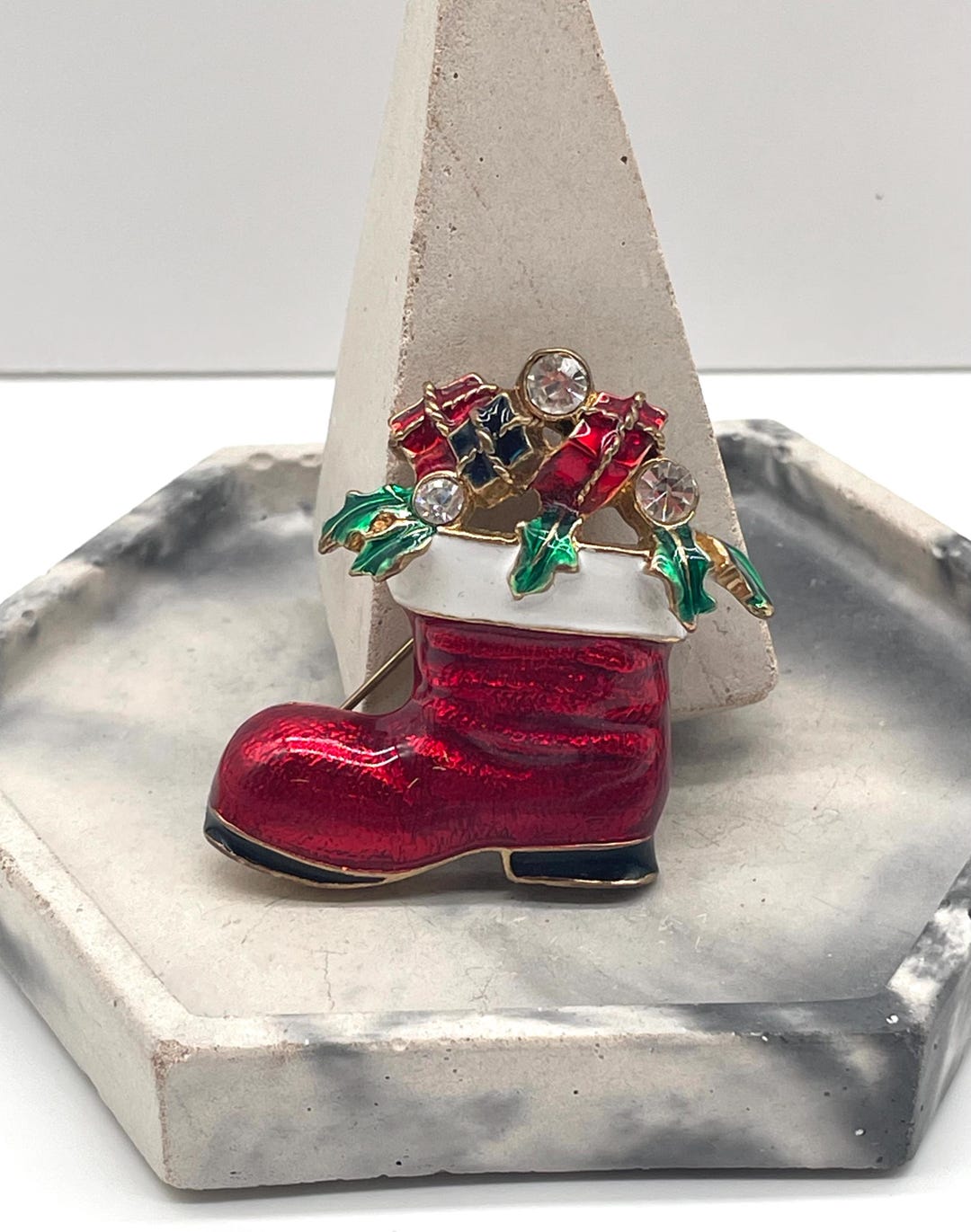 Vintage Enamel and Rhinestone Christmas Boot Brooch - Etsy