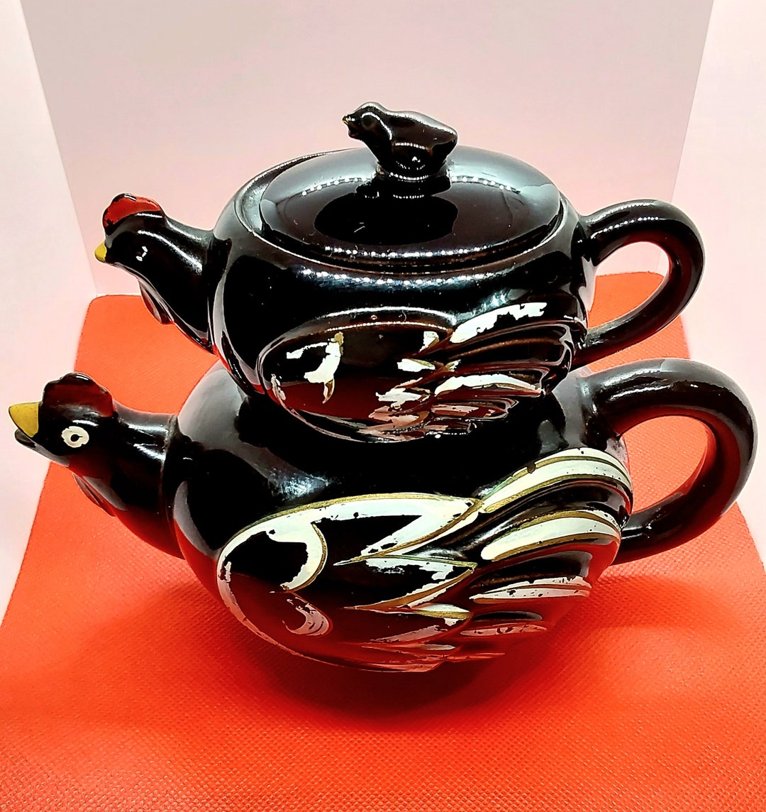 Vintage Japan Stacked Teapot Sugarrooster Redware Black 3pc - Etsy