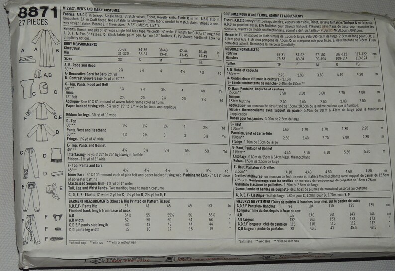 Uncut XS-XL Misses/mens/teens Costume Pattern Simplicity 8871 - Etsy
