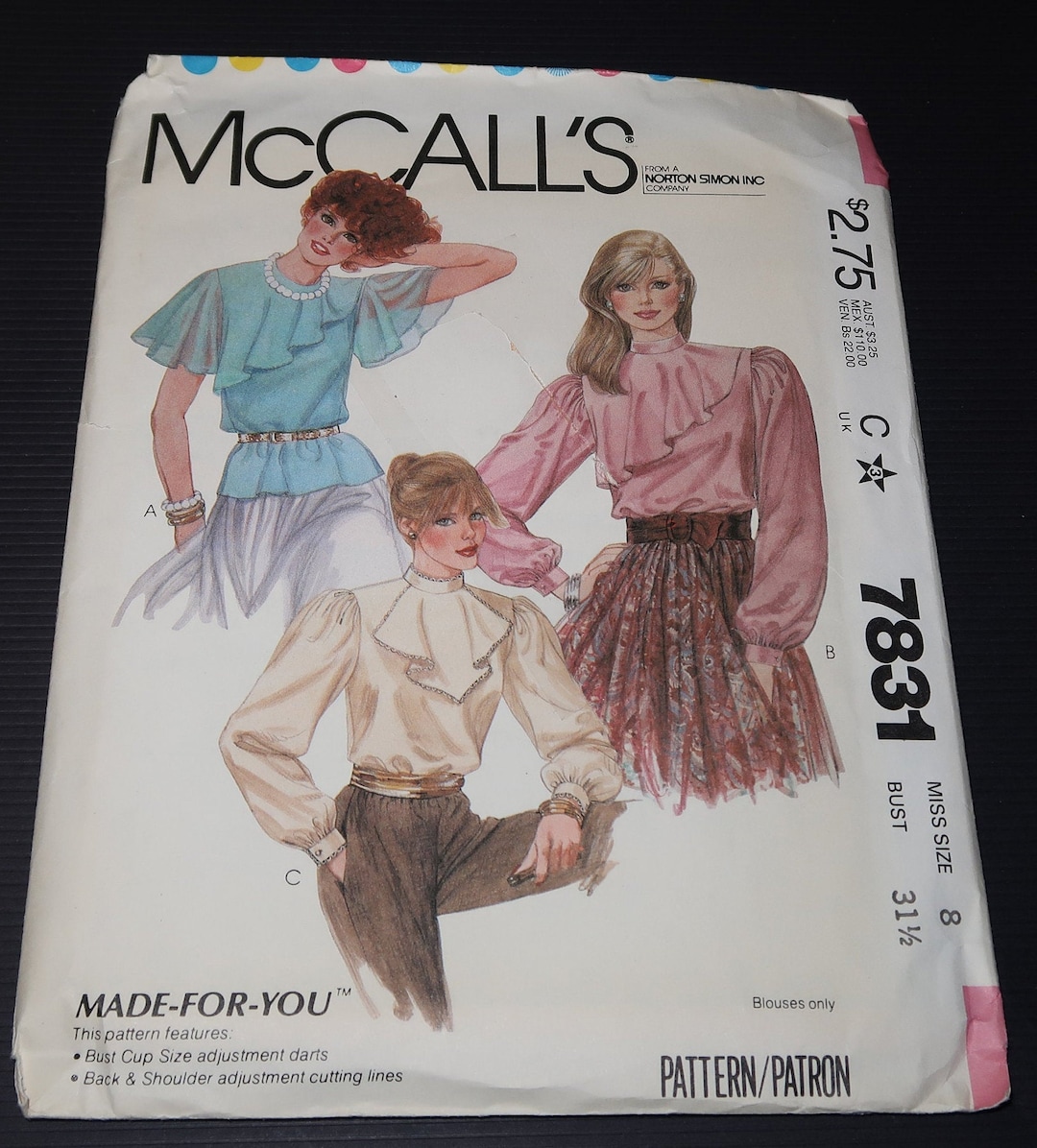 Uncut Bust 31.5 Mccalls 7831 Ruffled Blouse Pattern Dated 1981 - Etsy