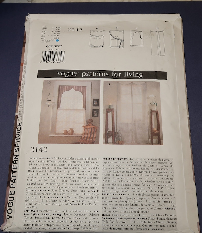 Uncut Vogue 2142 Patterns for Living Window Treatments Pattern - Etsy