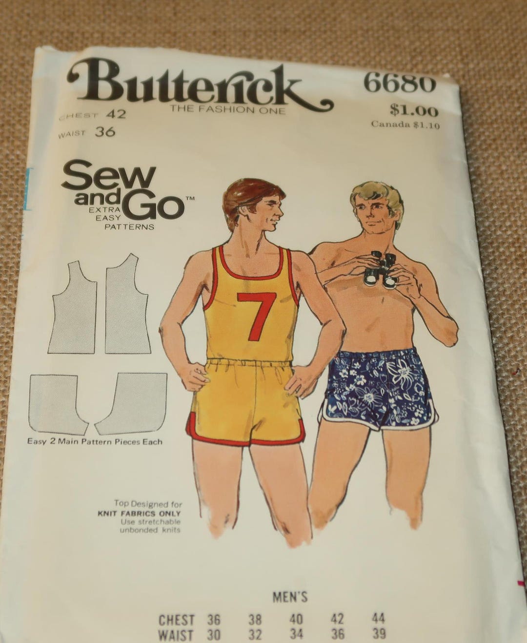 Uncut Chest 42, Waist 36 Sew and Go Butterick 6680 Mens Bathing Shorts ...