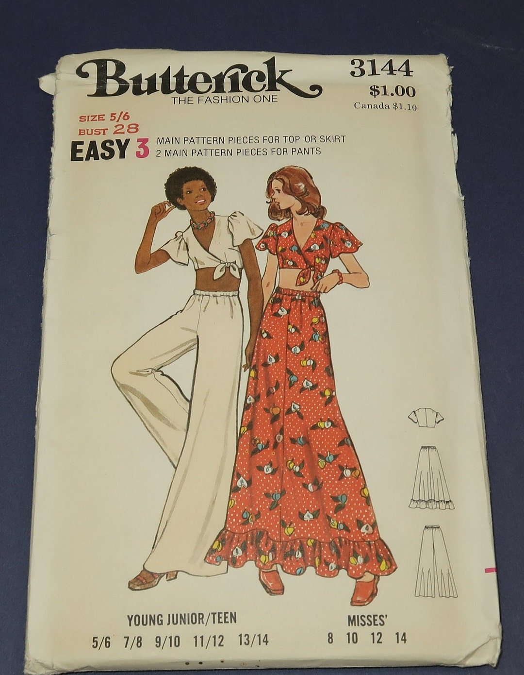 Uncut Size 5/6 Bust 28 Butterick 3144 Easy 3 Main Pattern Pieces Junior ...
