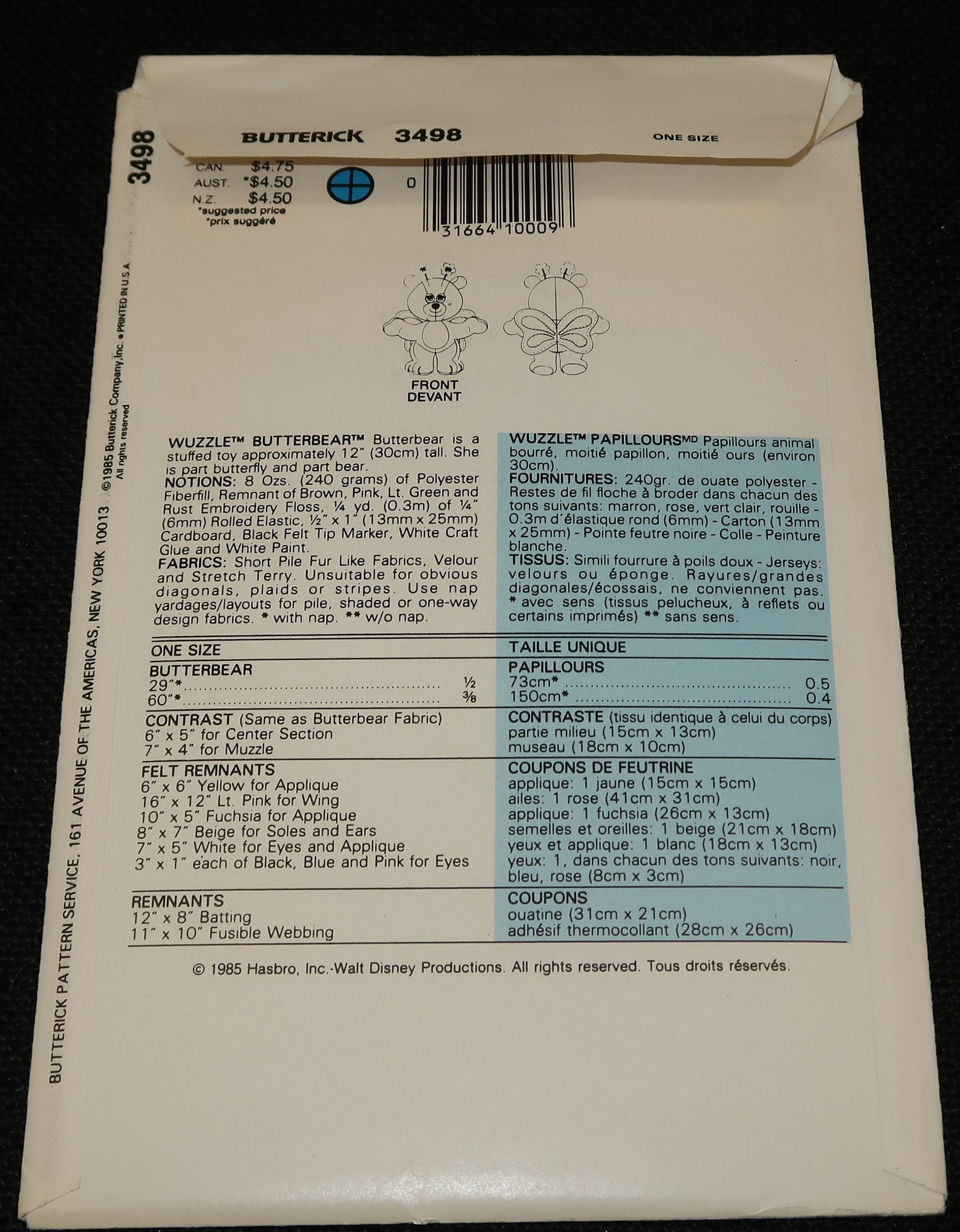 Uncut Wuzzles, "butterbear" Butterick 3498 Pattern - Etsy