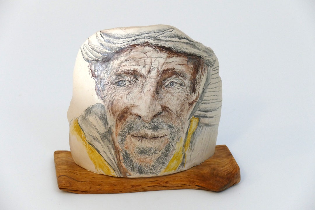 Ceramic Portrait Sculpture With Olive Wood Stand, Tabletop Shelf Clay ...