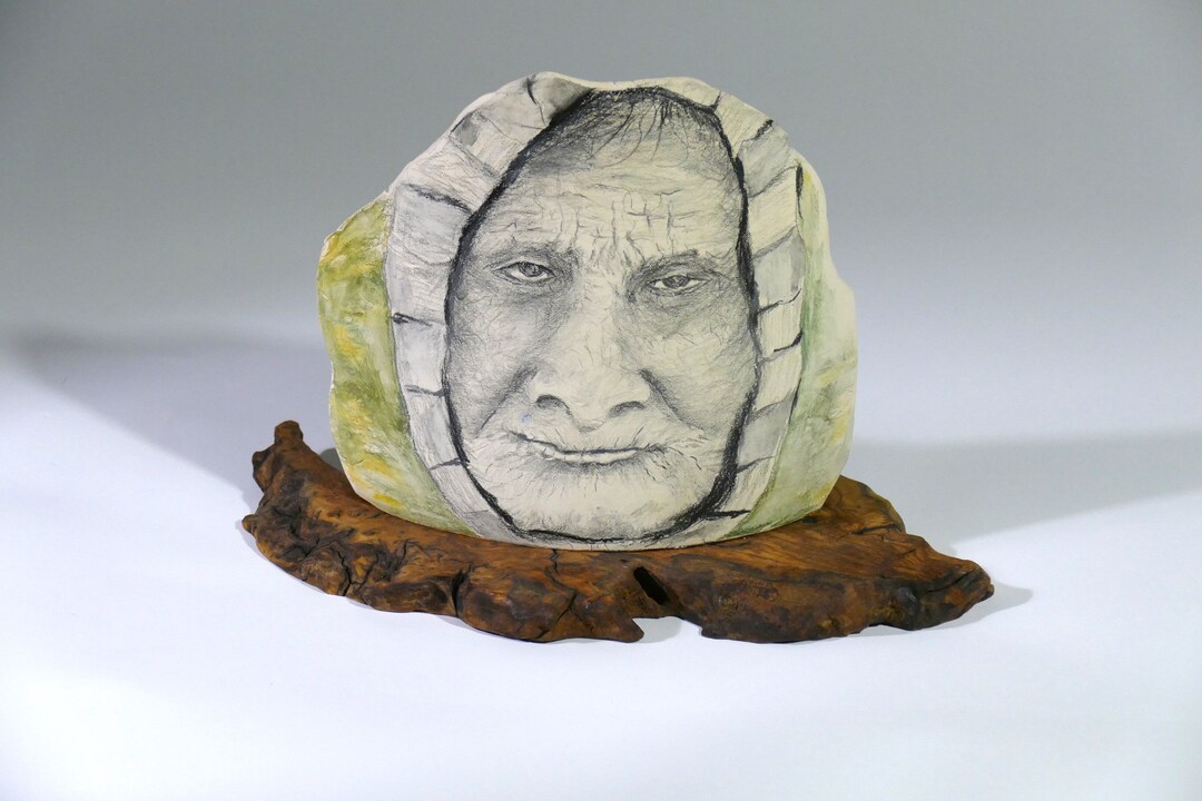 Handcrafted Ceramic Old Woman Portrait Sculpture, Olive Wood Stand - Etsy