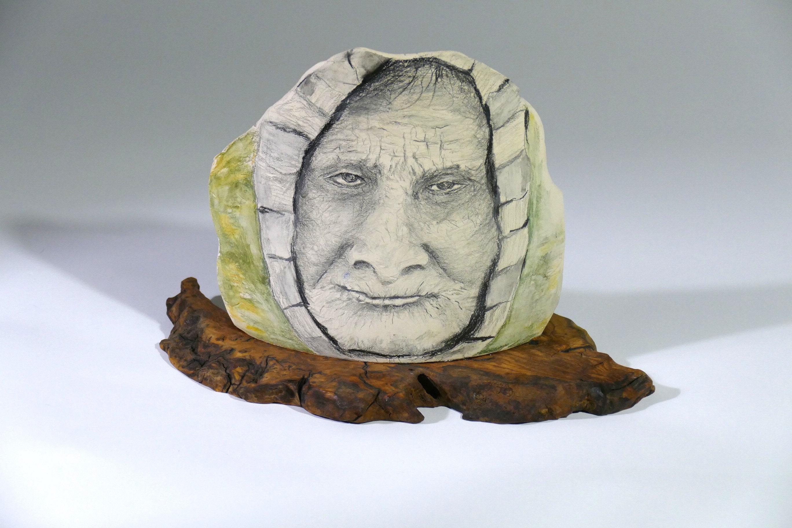 Handcrafted Ceramic Old Woman Portrait Sculpture, Olive Wood Stand - Etsy